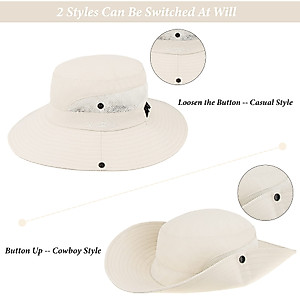Sun Hat for Women Summer UV Protection Beach Hat Wide Brim Mesh Bucket Fishing Hat with Ponytail Hole Foldable Packable Hat Beige