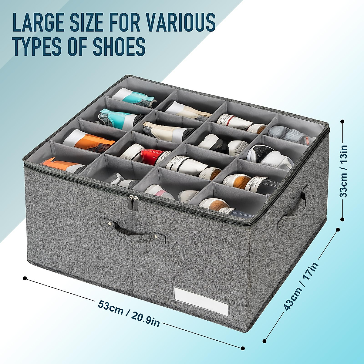 popoly Shoe Organizer for Closet Fits 16 Pairs, Large Shoes Storage Box Bins Containers with Clear Cover and Adjustable Dividers for Sneakers High Heeled, Hard Shell and Stackable (Grey)