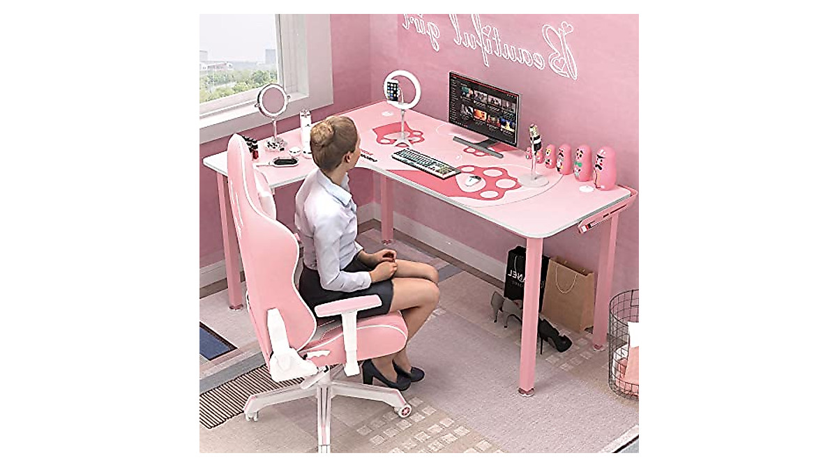 DESIGNA Pink L-Shaped Gaming Desk for Girls - 60 Inch