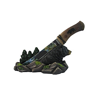 'Blade of the Bear' Rustic Black Bear Decorated Fixed Knife and Holder Set - Intricate Metal Detailing - Majestic Rustic Cabin Decor - 9.75 Inches Long