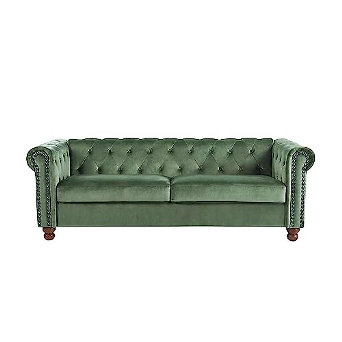 Asucoora Upholstered Chesterfield Tufted Velvet Sofa Couch for Living Room, Rolled Arm 3-Seater Sofa Couch with Nailhead Trim and 2 Neck Roll Pillows