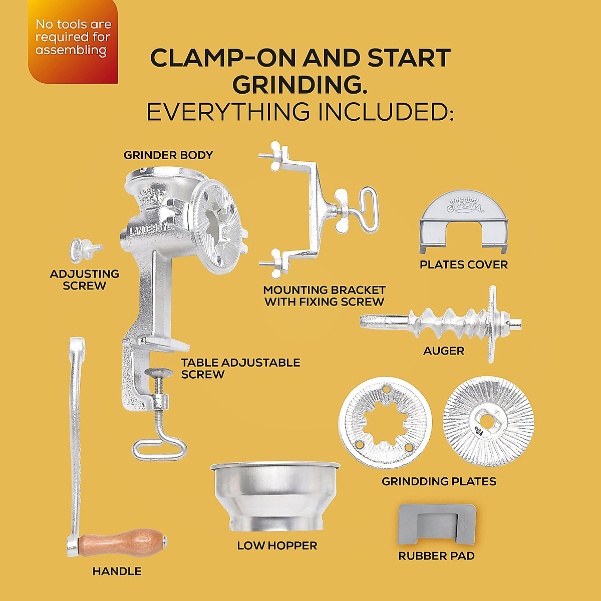 Corona Corn Grinder with Low Hopper, Grain Mill, Manual Grinder For Corn, Rice, Soybeans, Pepper, Chickpeas, Cast Iron Wheat Grinder For Domestic Use