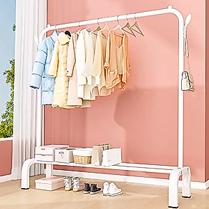 ZBYL Clothing Rack Garment Wardrobe Laundry Hanging Rack, Metal Freestanding Clothes Closet Rack Rod for Bedroom, Portable Organizer with Bottom Rack, White, Black 130×155cm