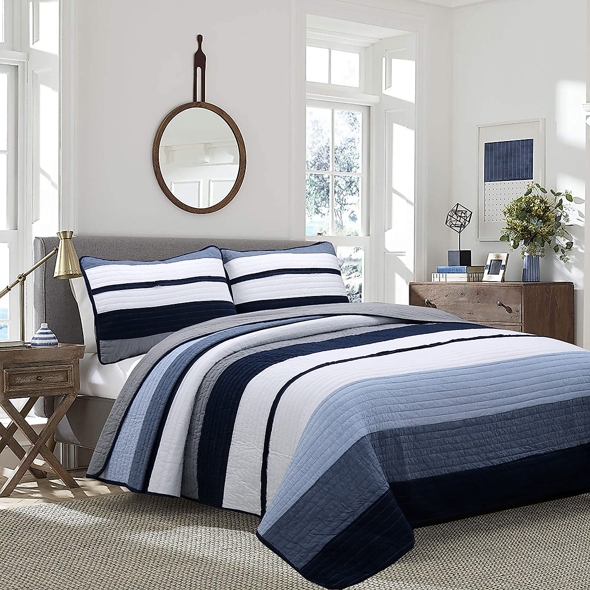 Cozy Line Home Fashions Tranquil Blue Gray Striped Boy 100% Cotton Reversible Quilt Bedding Set, All-Season Coverlet, Bedspread (Rendon, Queen - 3 Piece)