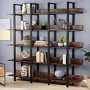 Tribesigns Rustic Triple Wide 5-Tiers Open Bookcase, Vintage Industrial Large 5 Shelf Bookshelf Furniture, Etagere Bookcases with Back Fence for Home Office Decor Display (Retro Brown)