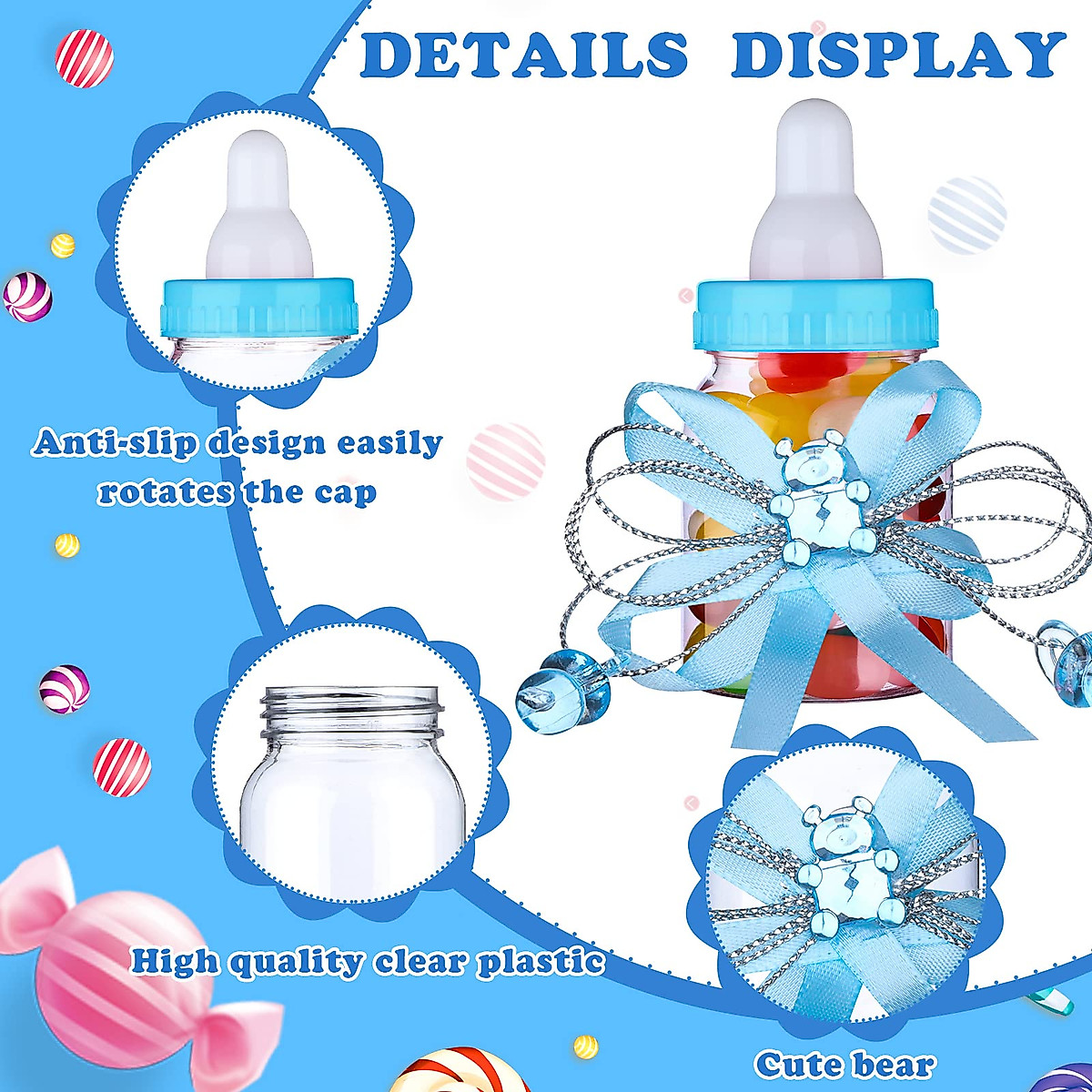 62 Pcs 3.5 Inch Baby Mini Milk Bottle Baby Shower Favor with 500 Adhesive Thank You for Showering Stickers, Small Plastic Bear Candy Bottle with Ribbon for Boy Girl Newborn Baptism Party Decor (Blue)
