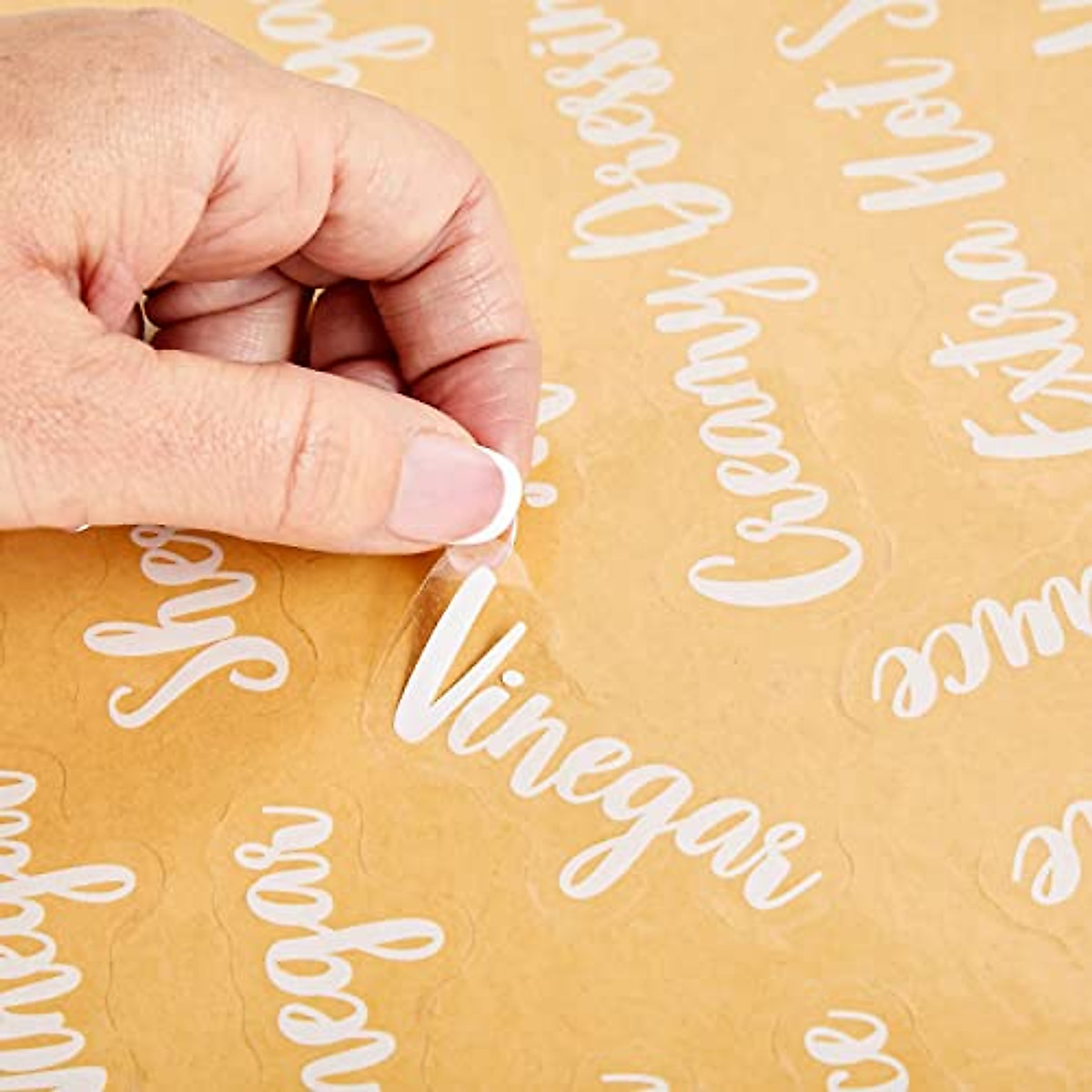 Talented Kitchen 132 White Cursive Oil and Vinegar Labels for Bottles, Clear Preprinted Condiments Stickers for Squeeze Dispensers, Kitchen Pantry Organization