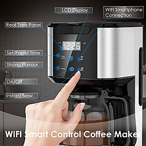 HOMOKUS 12 Cup WIFI Coffee Maker, Programmable Coffee Maker, Drip Coffee Machine Stainless Steel with Brew Strength Control, LCD Screen, Anti-Drip System