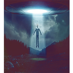 Ambesonne Quirky Duvet Cover Sets, Man Abducted by UFO Scenery Alien Spaceship Extra Terrestrial Futuristic Design, Bedding Set with 2 Duvet Covers & 4 Pillowcases, 2 Pack King Size, Teal Burgundy