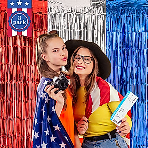 LOLStar 4th of July Decorations,Red White Blue 3 Pack America Tinsel Foil Fringe Curtains,4th of July Photo Booth Prop Streamer Backdrop for Independence Day,Memorial Day,Labor Day Patriotic Party