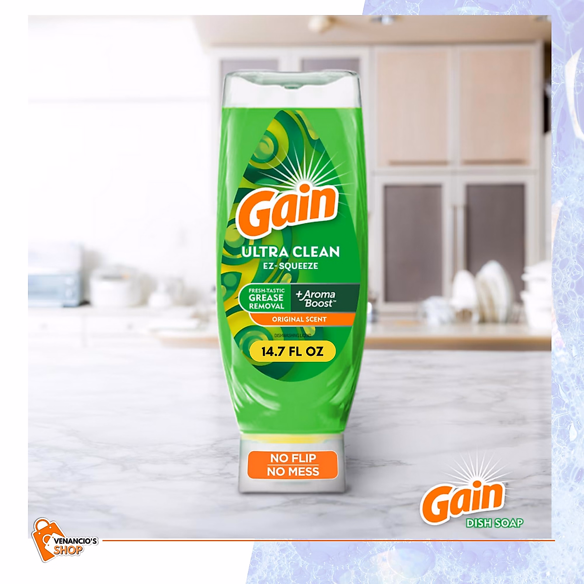 Gain EZ-Squeeze Dishwashing Liquid Dish Soap + Includes Venancio’sfridge Sticker and Cleaning Sponge (Original Scent 14.7 fl oz – Pack of 1)