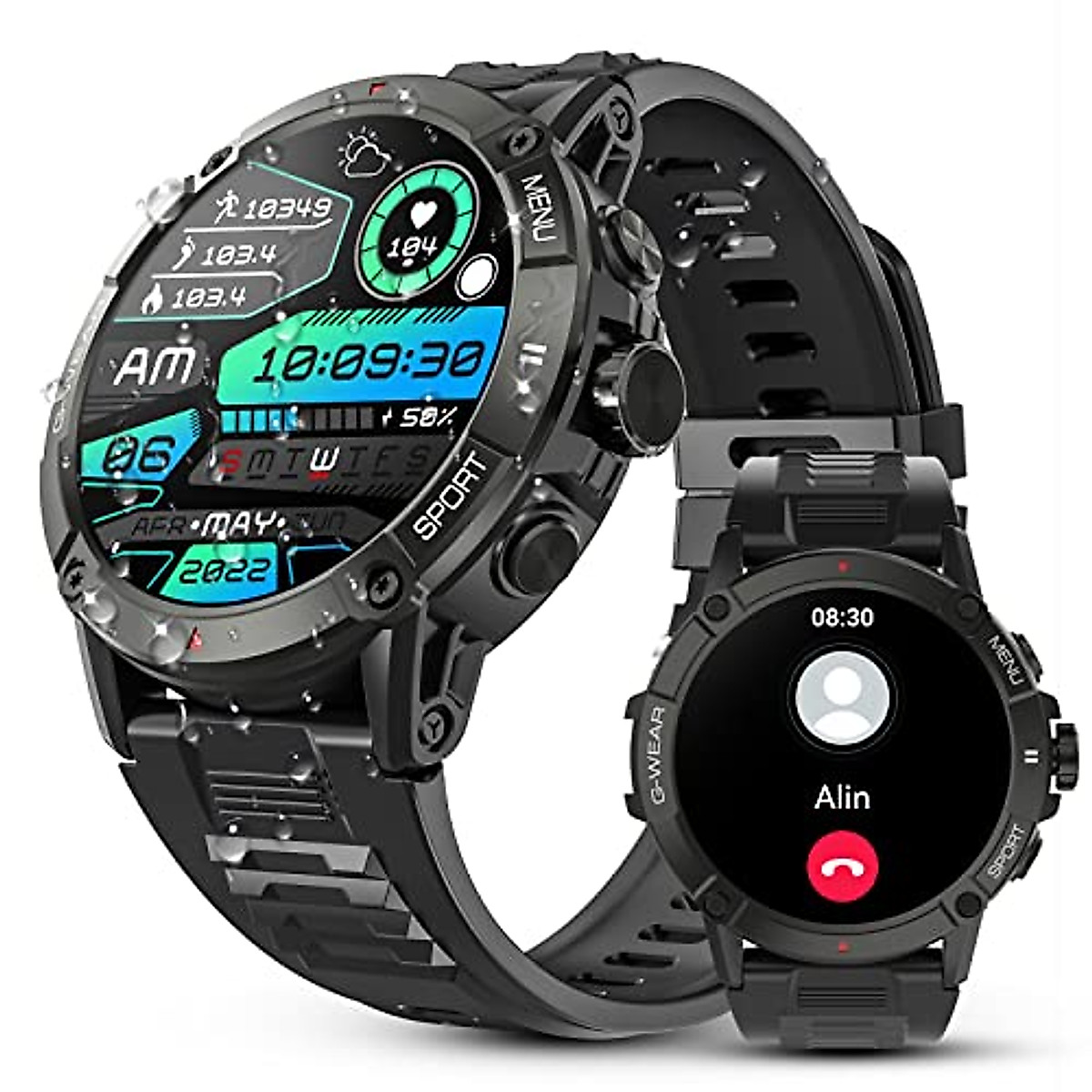 BASICF Military Smart Watches for Men (Answer/Make Call), 1.52" HD Outdoor Sports Smartwatch IP68 Waterproof Fitness Tracker 100+ Sports Modes with Heart Rate, Blood Oxygen Monitor for iOS Android