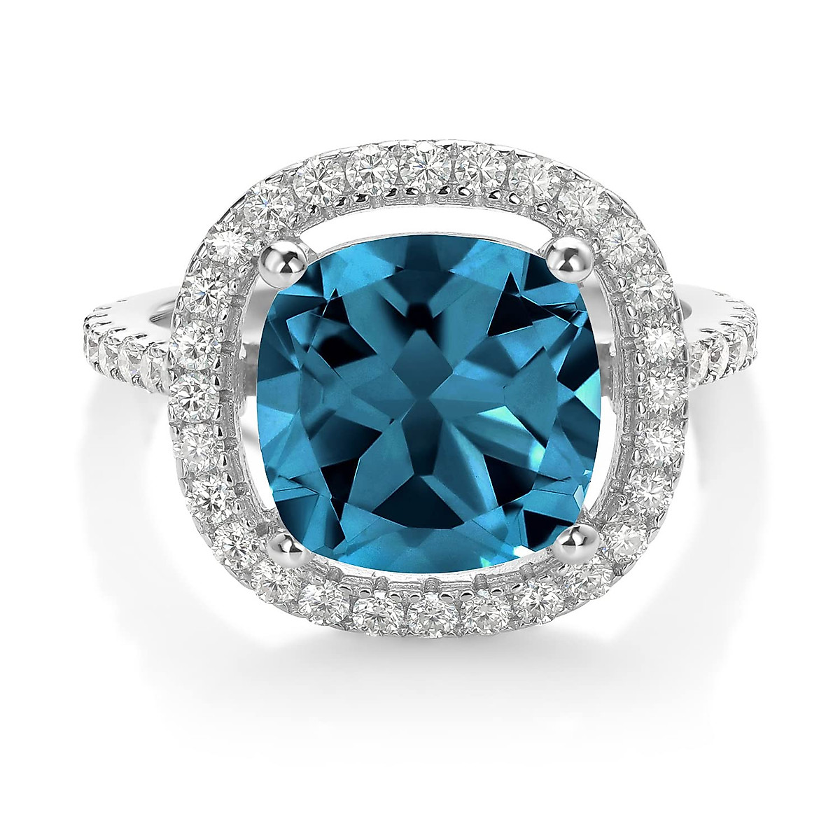 Gem Stone King 925 Sterling Silver 10MM Cushion Cut Gemstone Birthstone and White Moissanite Engagement Ring | Wedding Anniversary Promise Ring For Women | Ring Size 5-9