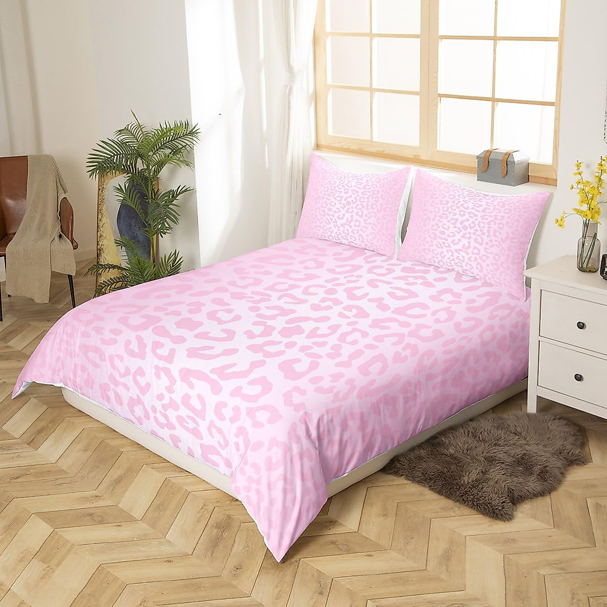 Feelyou Leopard Print Reversible Bedding Set for Kids Boys Girls Cheetah Comforter Cover Set Queen Size Animal Print Duvet Cover Bedroom Decor Safari Pink Bedspread Cover Bedding Collection 3Pcs