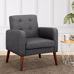 Furniliving Mid Century Modern Arm Chair, Button-Tufted Upholstered Accent Chairs for Bedrooms Living Room Chair with Solid Wood Legs Linen Fabric Comfy Lounge Chair, Dark Grey