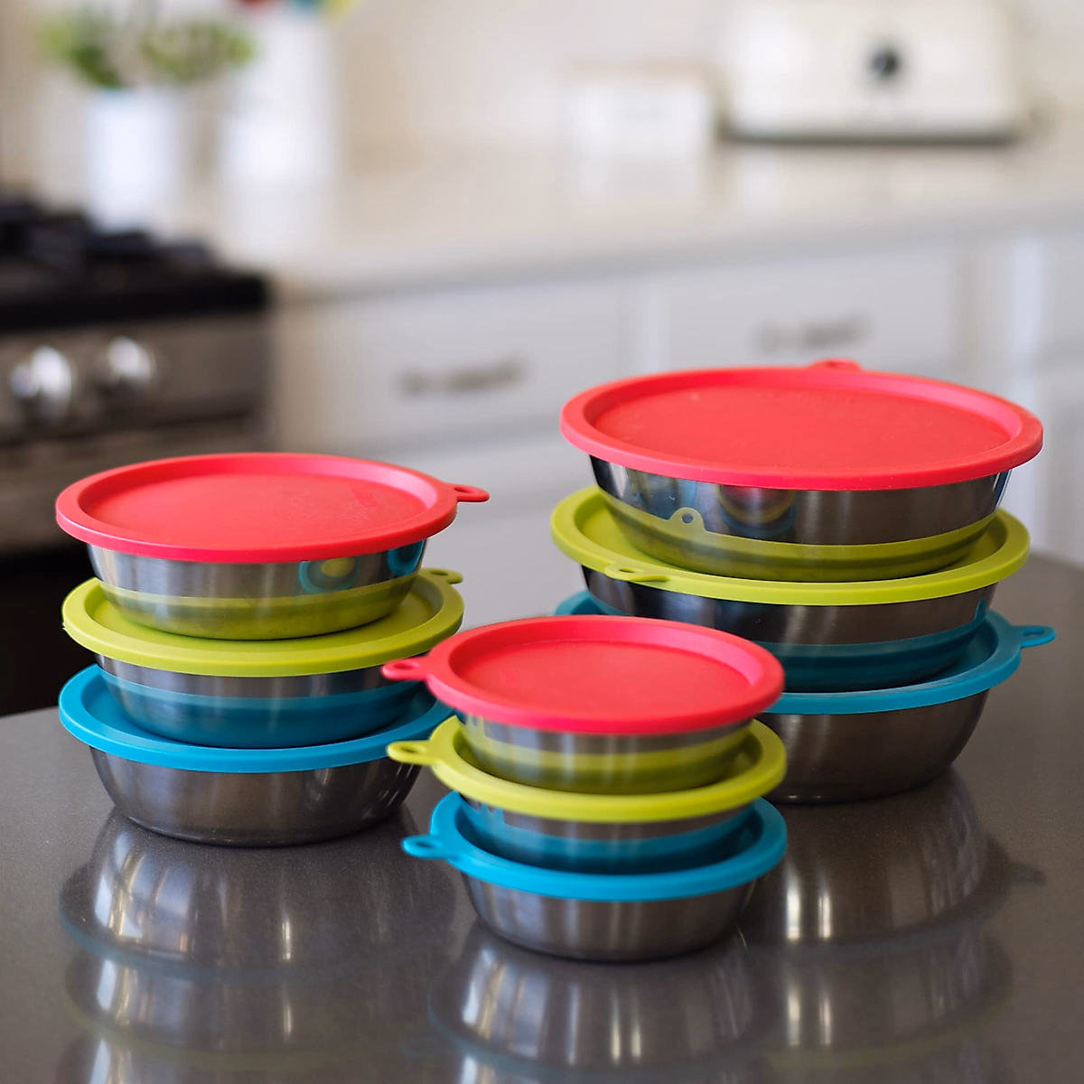 Messy Mutts 6-Piece Set | Three Stainless Steel Bowls and Three Colorful Silicone Lids | Sealable Travel Containers | Portable Food/Water Dishes for Pets | Medium, 1.5 Cups