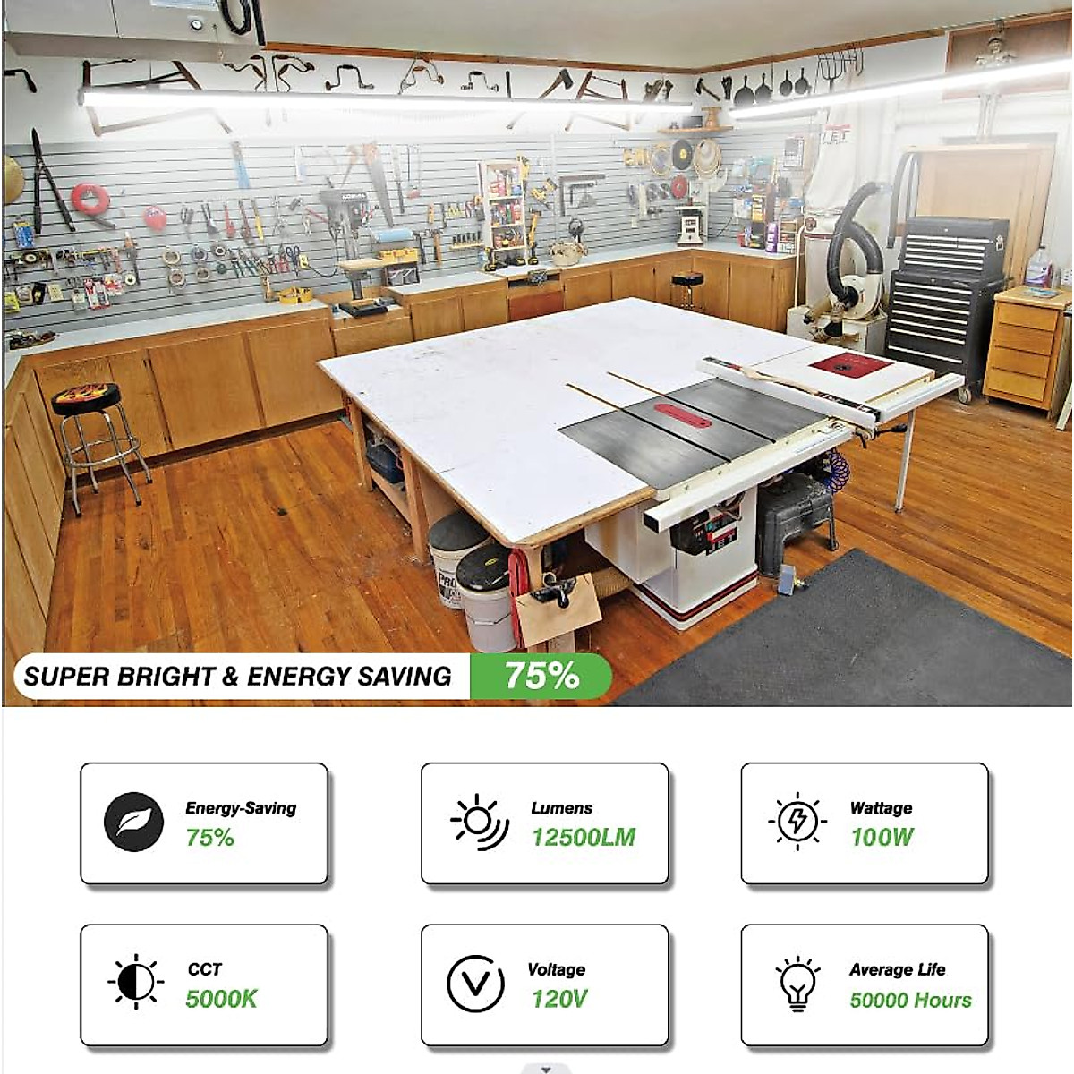 ANTLUX 8FT LED Shop Lights 100W [6 Lamps F96T12 Fluorescent Equiv.], Compact 8 Foot Strip Light with 5ft Cord Switch, Plug in, 12000LM, 5000K, Energy Saving Garage Lights, Surface/Suspended, 8 Pack