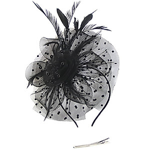 SHUERIET Fascinators Hat Flower MeshVeil Ribbons Feathers on a Headband and a Clip Tea Party Headwear for Girls and Women (a1-Black)