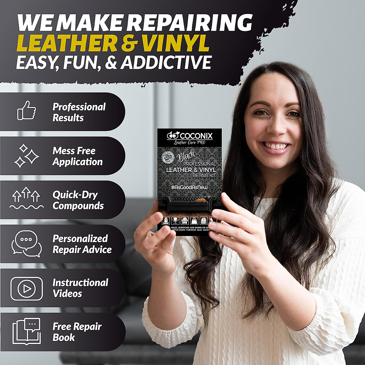 COCONIX Leather Care PRO Professional Black Leather & Vinyl Repair Kit