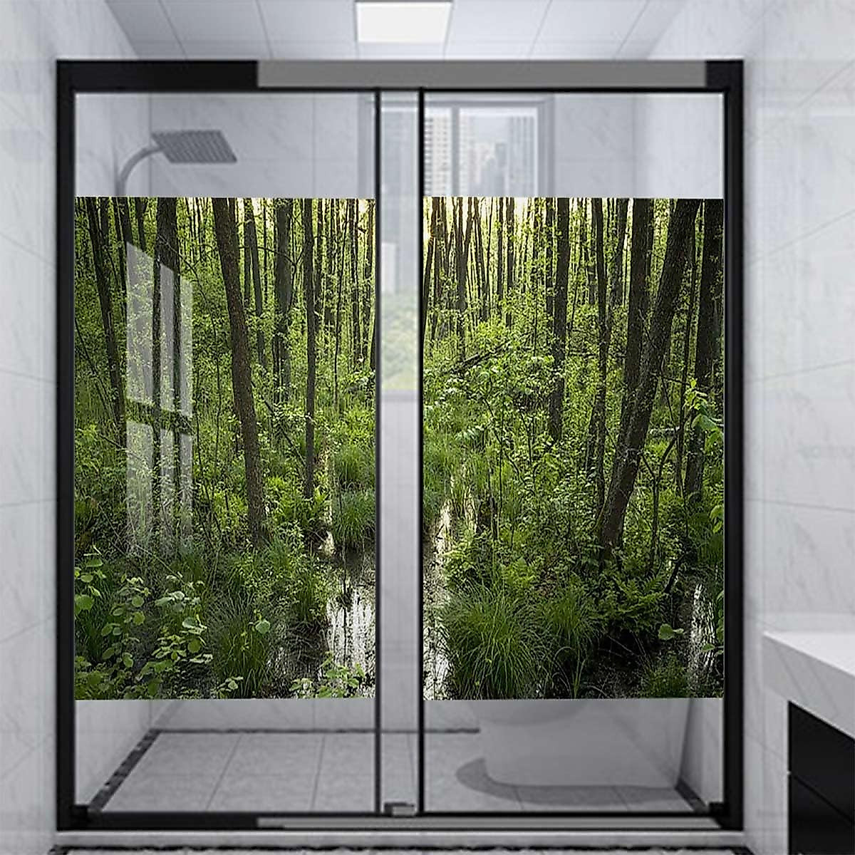 Forest Green Window Privacy Film Frosted Glass Static Cling Bathroom Door Covering Sun Blocking Window Sticker Home Decoration Forest Summer Forest Nature Themed Privacy Film 27.6Wx39.4L-inch x2 Pcs