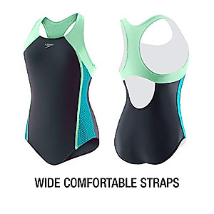 Speedo Girl's Swimsuit One Piece Mesh Splice Thick Strap , Speedo Black , 12