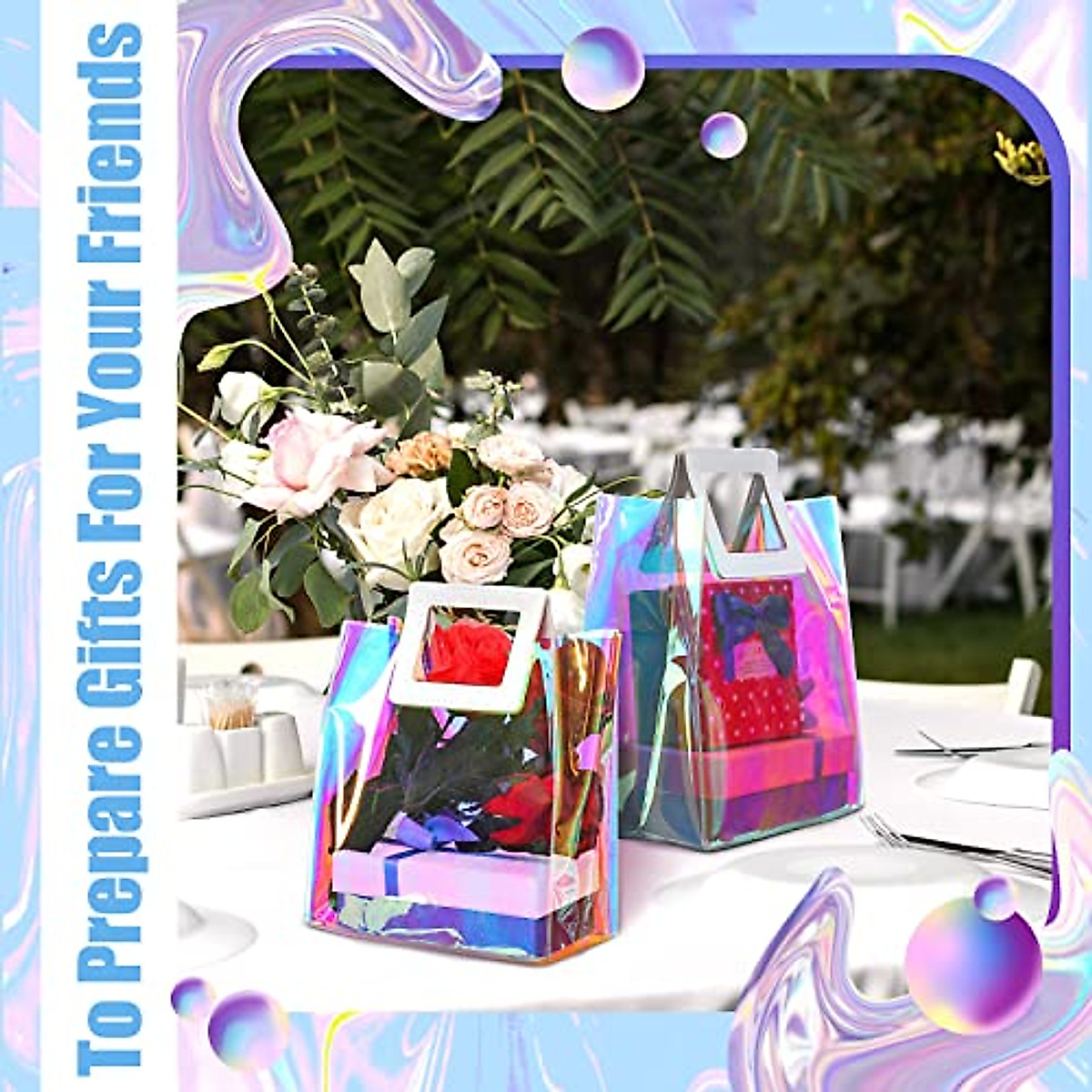 CHENGU 10 Pcs Holographic Gift Bags Clear Iridescent Reusable Birthday Gift Bags Handle PVC Gift Wrap Shopping Bags Waterproof Transparent Tote for Women Girl Wedding Party Baby Shower (7 x 8 x 4 Inch)