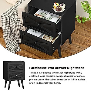 Lerliuo Black Nightstand, Bed Side Table with 2 Drawers Barn Door, Solid Wooden Legs Night Stand, Mid Century Modern End Table Storage Wood Cabinet Dresser for Bedroom, Living Room, Dorm