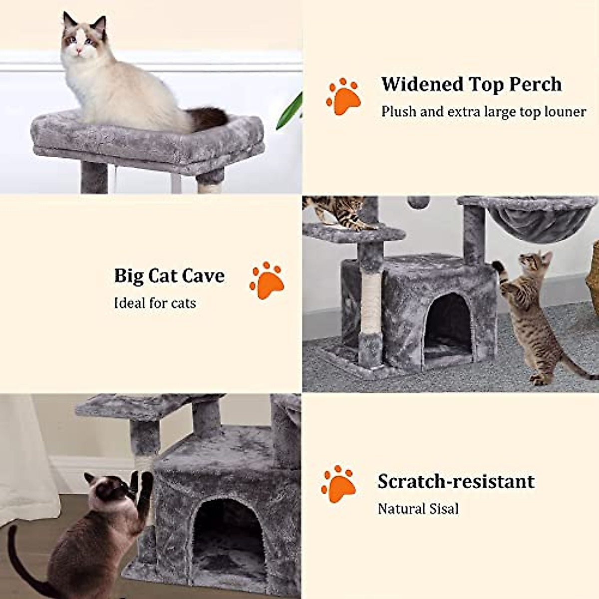 SYANDLVY Cat Tree for Indoor Cats, Activity Tower with Scratching Posts & Board, Modern Kitten Condo with Plush Perch, Hammock & Hanging Ball for Play (Light Grey)