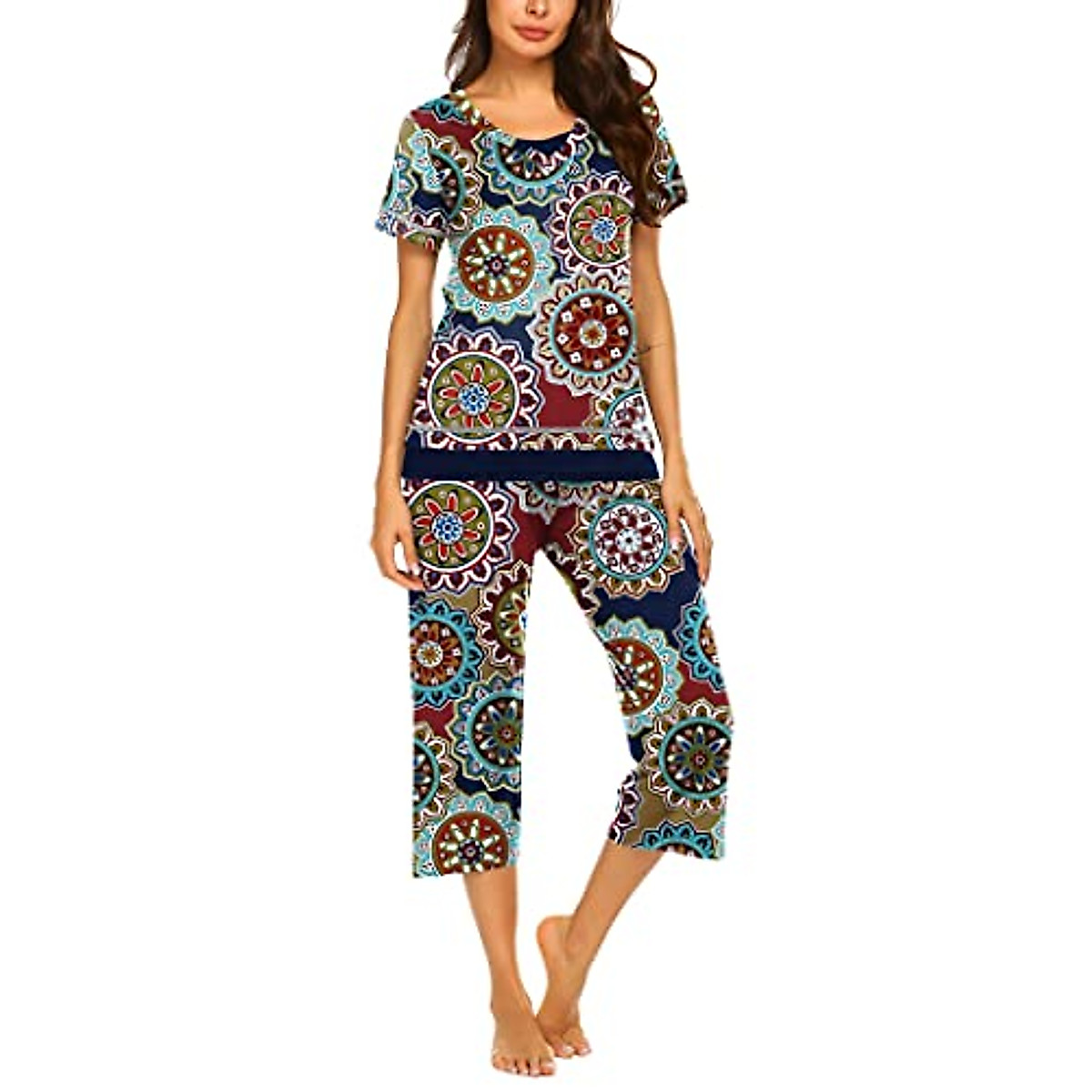 Ekouer Womens Pajama Set Summer Sleepwear Tops with Capri Pants Set Comfy Casual Prints Pj Sets