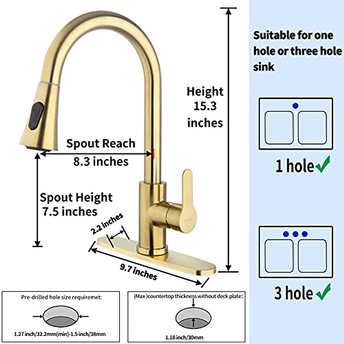 Kohonby Gold Kitchen Faucet with Pull Down Sprayer Modern Stainless Steel High Arc Single Handle Kitchen Sink Faucet Brushed Gold, Commercial 1 Hole Kitchen Faucet with Deck