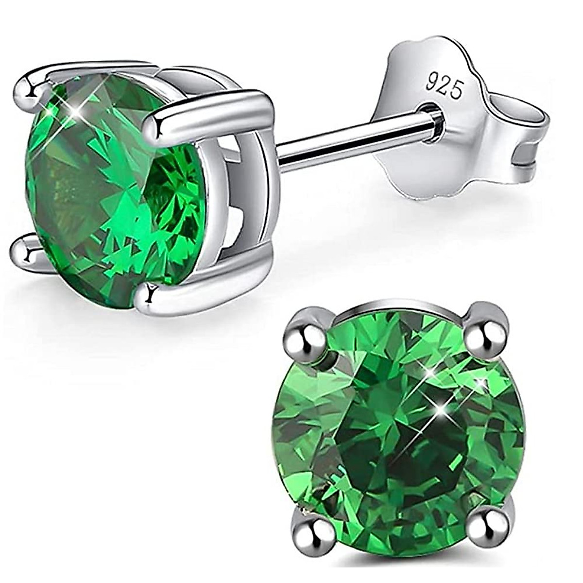 1 Pair Adabele Real 925 Sterling Silver Hypoallergenic May Birthstone Round Cut Stud Earrings 8mm CZ Green Emerald Stone Solitaire Studs Anniversary Birthday Gift SSE64