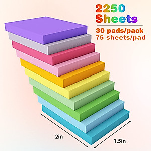 EOOUT Sticky Notes 1.5x2 Inches, 30 Pack Bright Colors Self-Stick Pads, 10 Colors Super Adhesive Bright Colors Memo Pads, 75 Sheets/Pad