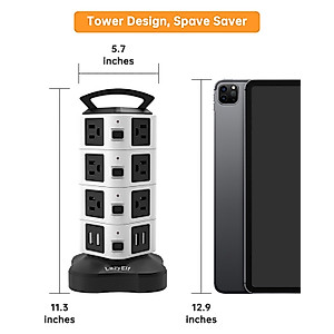 Surge Protector Power Strip Tower with Night Light, Lazy Elf Extension Cord 8 AC Multi Smart Plug Outlets with 4 USB Ports, Flat Plug Outlet (White)