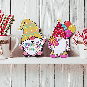 OBANGONG 3 PCS Wooden Happy Birthday Gnomes Self-Standing Gnome Table Decorations Birthday Gnomes Table Signs Tray Gnome Decor for Home,Garden Birthday Party