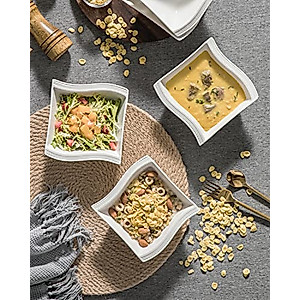 MALACASA Cereal Bowls Set of 6, 15oz Soup Bowls, Porcelain Ice Cream Bowls, White Bowls for Kitchen, Square Serving Bowls for Salads Fruits Pasta Dessert Side Dish, 5.3", Microwave Safe, Series Flora
