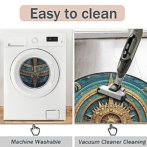 Blue Compass Rose Round Rug 5ft, Round Area Rug Ocean Nautical Non-Slip Circle Rug Indoor Floor Mat Carpet for Bedroom Living Room Kitchen Decor, 5' x 5' Round