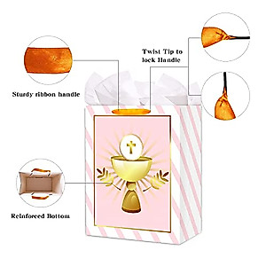 FaCraft First Communion Gift Bag for Kids Boys Girl 11" Baptism Gifts Bag with Handle Large Gift Bag with Tissue Paper for Christian Christenings Confirmations Religious Cross Gift Bags for Girl Boy