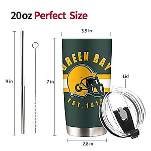 Custom Green Bay Tumbler 20oz Stainless Steel with Lid & Straw Personalized Football Fans Gifts for Women Men Coffee Travel Mug Cup Add Name Number