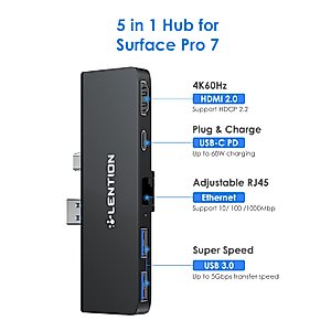 LENTION Surface Pro 7 USB C Hub Docking Station,5-in-1 Microsoft Surface Pro 7 Hub,4K@60Hz USB-C to HDMI Hub,USB C to Gigabit Ethernet Hub,2 USB 3.0 Hub,PD 60W Type C Charging Port Hub(CS35,Black)