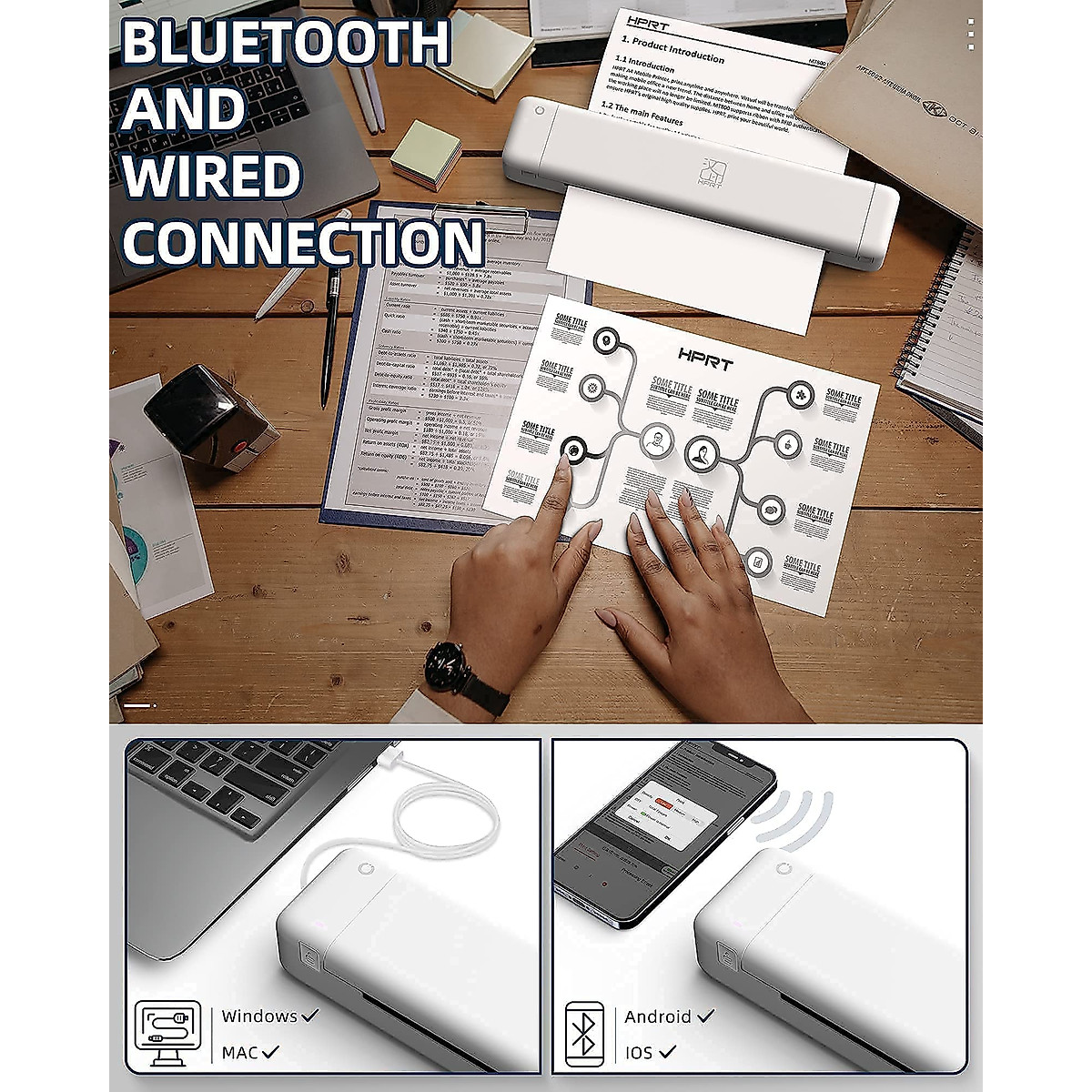 HPRT Thermal Printer MT800Q Portable Mini Printer, Wireless Printer for iPhone and Computer, The Best Small Printer Support 216mm Width A4 Paper, Home Use, Office, Travel and Mobile Printer