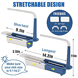 NiHome Telescopic Kitchen Sink Organizer with Towel Hanger and Expandable Drain Basket - Adjustable Length Multifunctional Caddy for Home and Bathroom Storage (Blue/White)