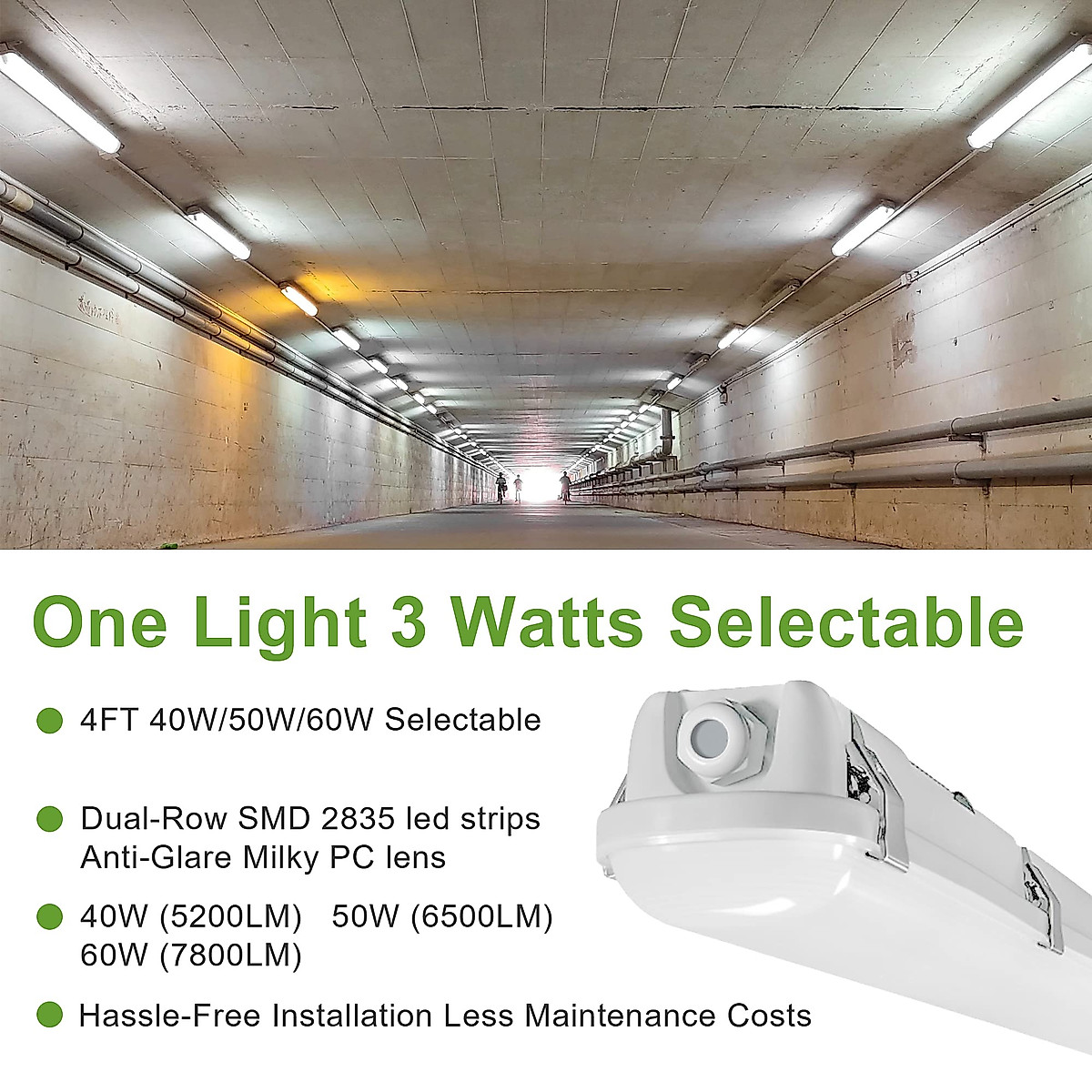 LED Flying Direct 4FT LED Vapor Tight Lights, 40W-50W-60W Selectable, 3000K-4000K-5000K Tunable, IP66 Waterproof LED Shop Light for t for Car Wash, Garage, Walk-in Freezer, 100-277V ETL Listed