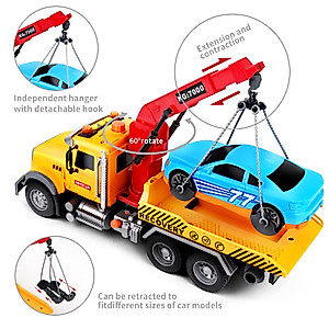 Dwi Dowellin Kids Toys for 3 4 5 6 7 Years Old Boys, 15" Large Tow Truck Toy,Friction Powered Transport Truck Crane Toy with Lights and Sounds,with Roadster,Toddlers Gifts