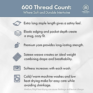 Threadmill 100% Cotton Sheets for Queen Size Bed - 600 Thread Count Queen Bed Sheets Set with 16” Deep Pocket - Sateen Weave 4-Piece Bedding Set with Cooling Effect, White