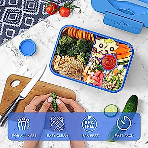 Lunch Box Kids, Bento Box, 1350ML Bento Lunch Box for Kids, Lunch Containers with 5 Compartments Utensils Food Picks Cake Cups, Leak-proof Bento Box Adult Lunch Box for Boys Girls Toddler, Blue