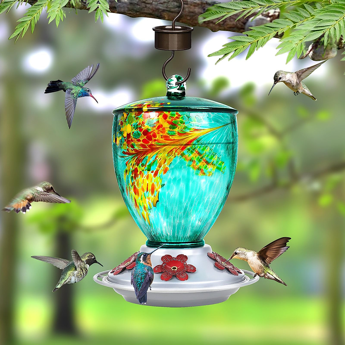 BOLITE Hummingbird Feeders for Outdoors, Hand Blown Glass, 30 Ounce, 5 Feeding Ports with Perch, 21003BU Green