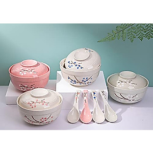 LLDAYU Japanese Creative Hand-Painted Ceramic Bowls with Soup Spoon, Large 27.5 OZ ramen bowls/Soup bowls,with Heat Preservation Function, and Suitable for Microwave Oven, and Dishwasher- pink