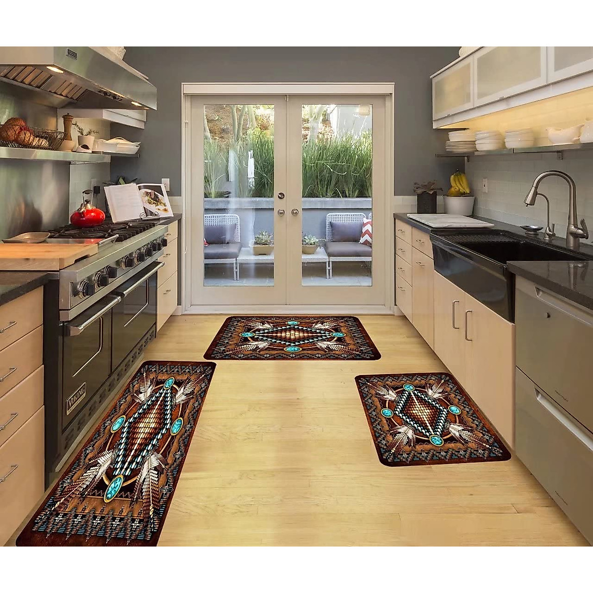 Rustic Southwestern Kitchen Rug Sets 3 Piece Tribal Native American Indian Comfort Mat Geometric Cushioned Floor Mats Washable Doormat Anti Fatigue Non-Slip Bathroom Runner Rugs Bedroom Area Carpet