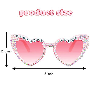 HokiiS Birthday Glasses for Women, Birthday Queen Sunglasses Pink Heart Shaped Shiny Bling Diamond Pearl Sunglasses for Girl Happy Birthday Party Gift Supplies Accessories Favors