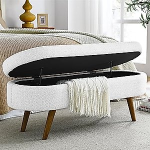 TRIPLE TREE 43.5" Storage Ottoman Bench with 250lb Seating, Linen Upholstered Wood Legs Safety Hinge Flip Top Oval Foot Rest Long Stool for Sofa Couch Bedroom End of Bed Living Room Entryway, White